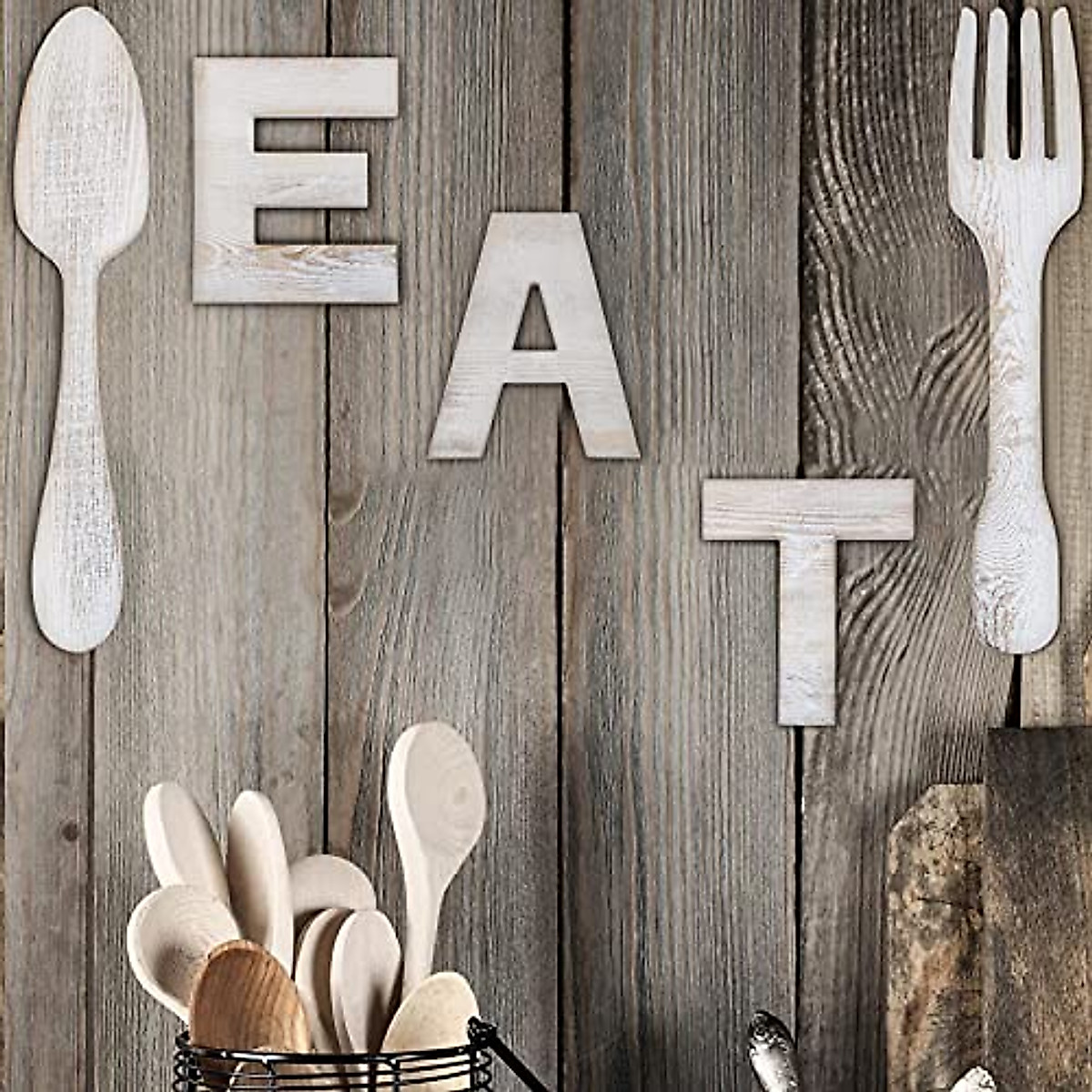 LOSOUR Farmhouse Kitchen Wall Decor, Farmhouse Decor EAT Sign + Fork and Spoon, Wooden Letters for Rustic Wall Decor (EAT Sign + Fork and Spoon)