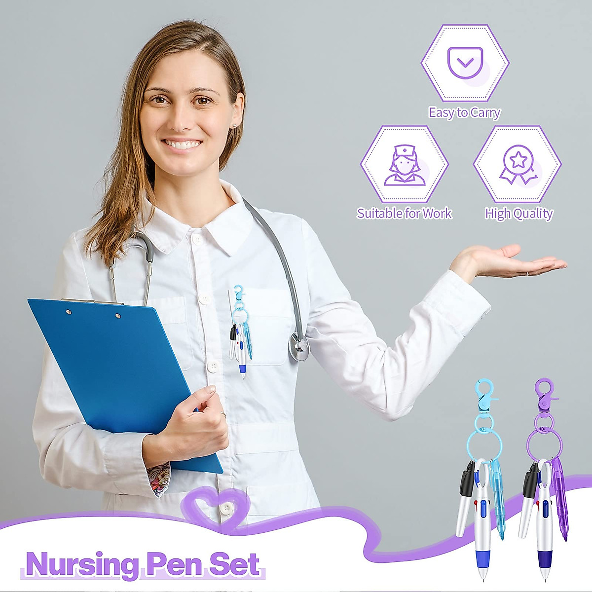 Sabary Mini Highlighter Nurse Pen Pack Set Nurse Pens for Badge Include Pink and Purple Tip Highlighter 2 Permanent Marker Pen and 2 Retractable Ball Pen with 2 Nursing Keychain Clip (Blue, Purple)