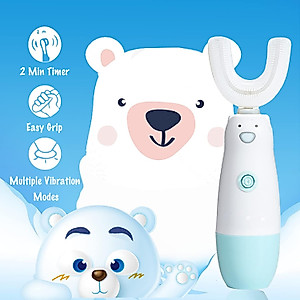 Meqtpomy Kids Electric Toothbrush，6 Cleaning Models Toddler Toothbrush Waterproof Battery Powered 360 Automatic Sonic u Shaped Toothbrushes for 2-7 Years Old for Boys Girls（Blue）