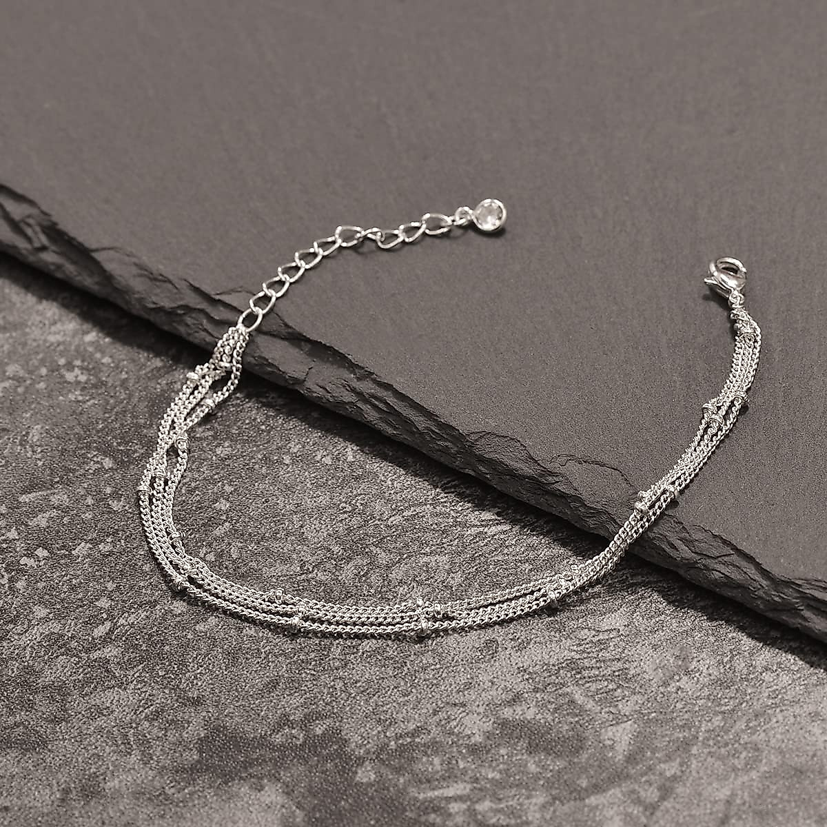 MEVECCO Bracelet for Women Sliver Layered Satellite Chain Bead Sliver Plated Dainty 3 Layer Simple Jewelry