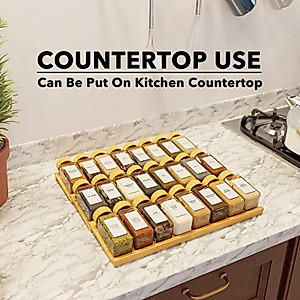 SpaceAid Bamboo Spice Drawer Organizer with 24 Spice Jars, 378 White Minimalist Spice Labels, 3 Tier Seasoning Rack Tray Insert for Kitchen Drawers, 15" Wide x 15" Deep x 2.6" Tall