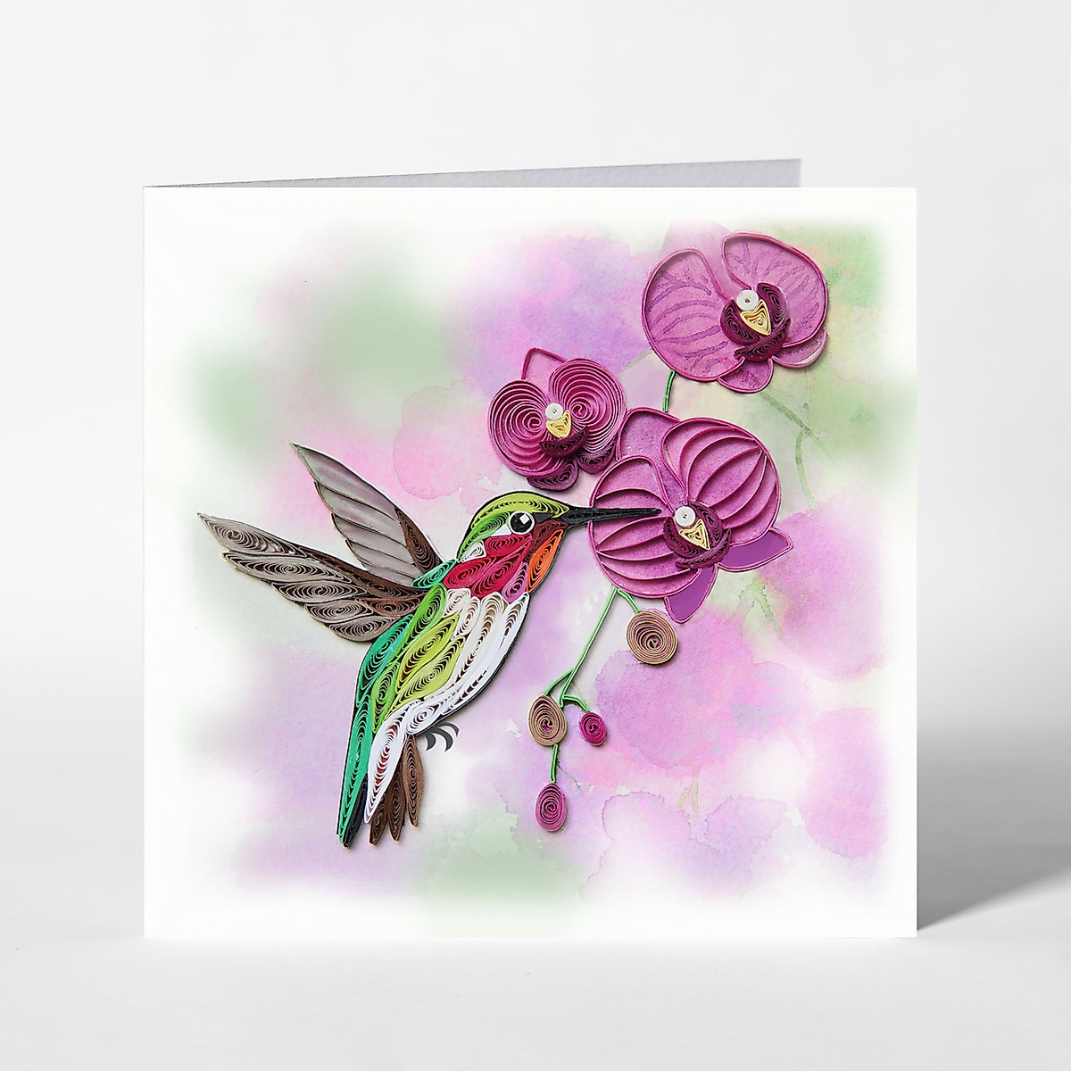 QUILLCRAFT Hummingbirds and Purple Orchid Quilling Card, Card, Quilled Quilling Card for Mothers Day, Birthday, Thank You, Artful Card for Him Her, Mom, Dad, Couple (Hummingbirds Orchid)