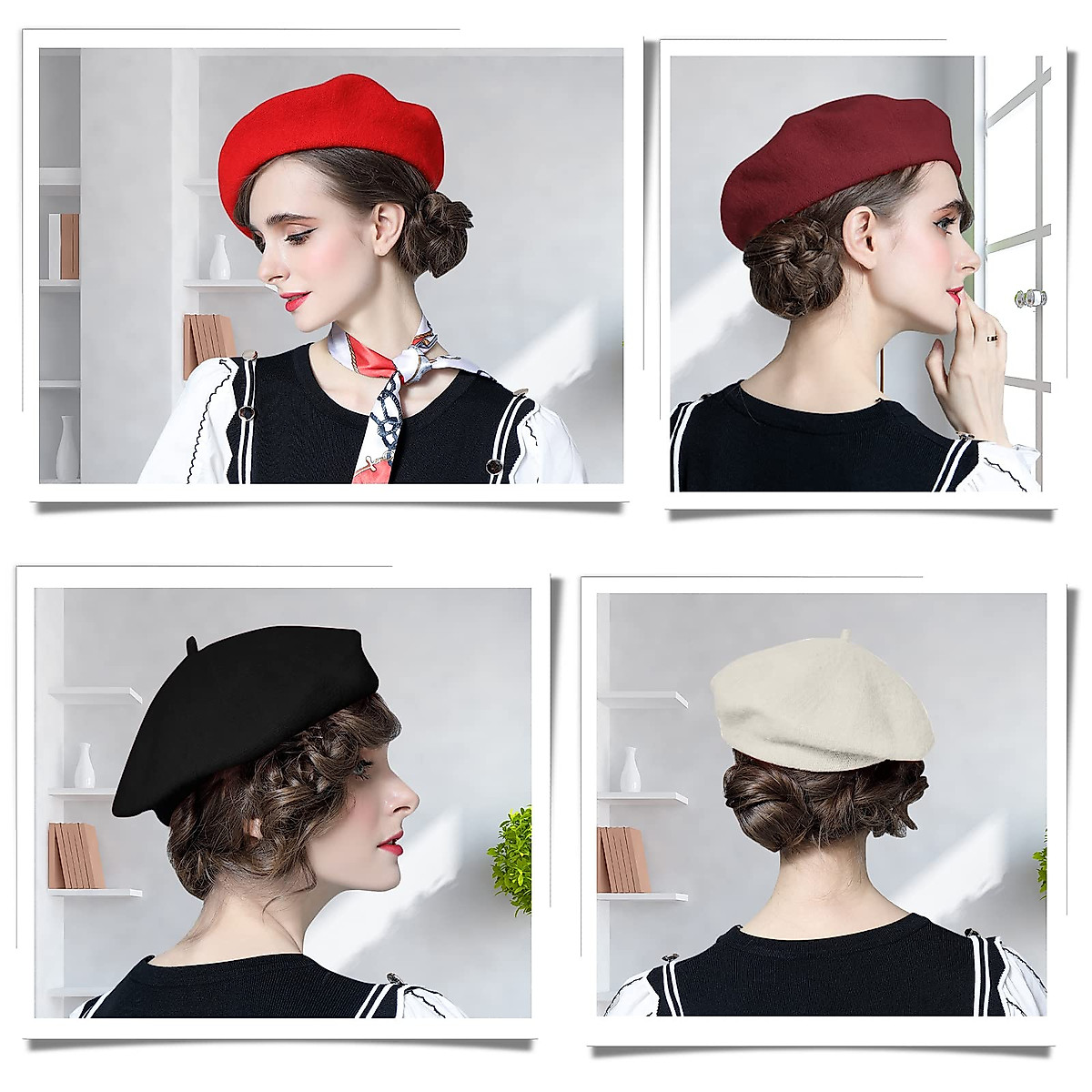 4 Sets Wool Beret Hat French Style Beanie Hats with Silky Neck Scarf Fashion Beret Caps for Women Girls Lady