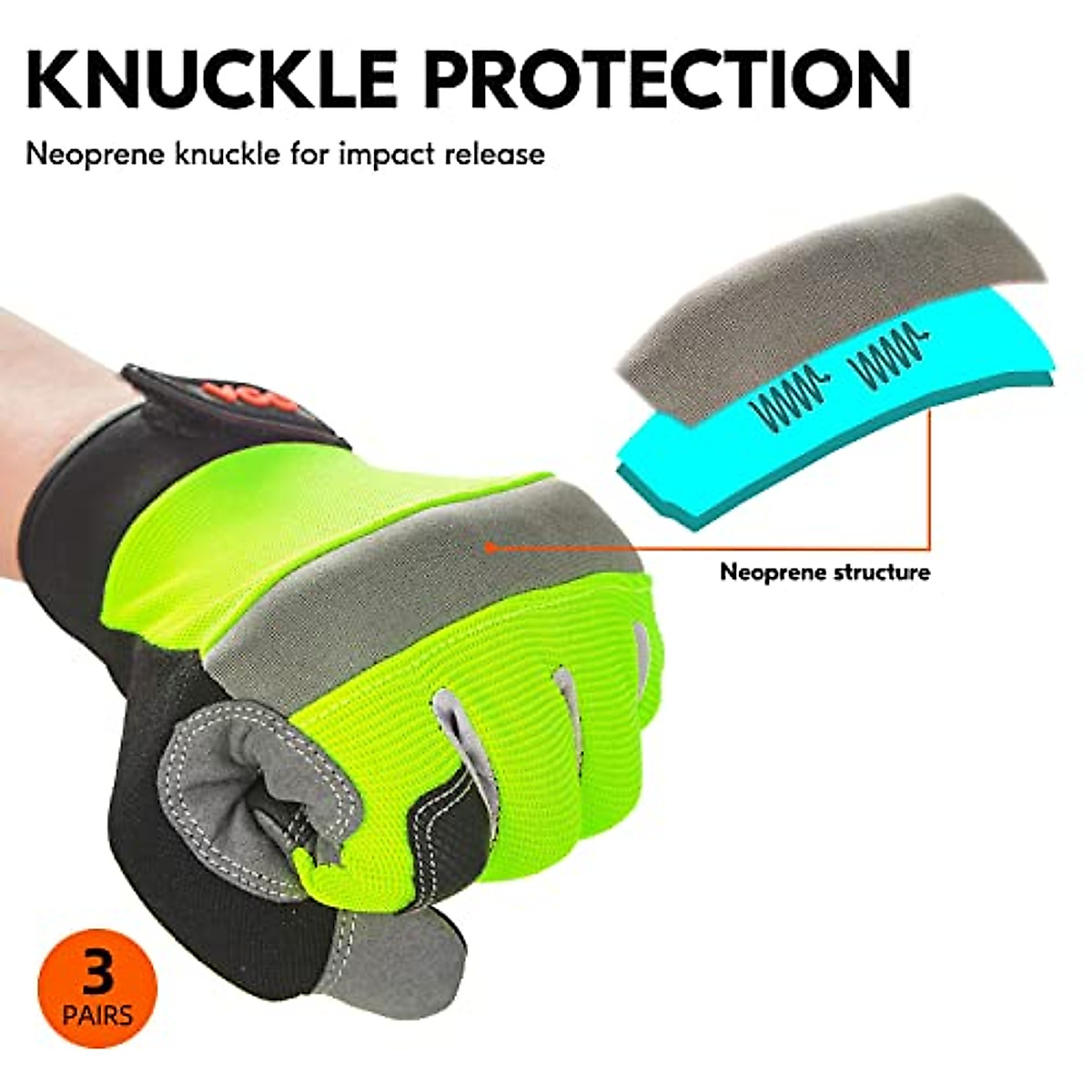 Vgo... 3-Pair Safety Work Gloves, Light Duty Mechanic Gloves(Size L, 3Colors,SL7584)