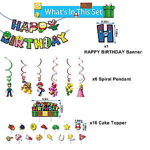 Mario Birthday Party Supplies Decorations Mario Backdrop Banner Cake Topper Balloons for Mario Birthday Party Favors