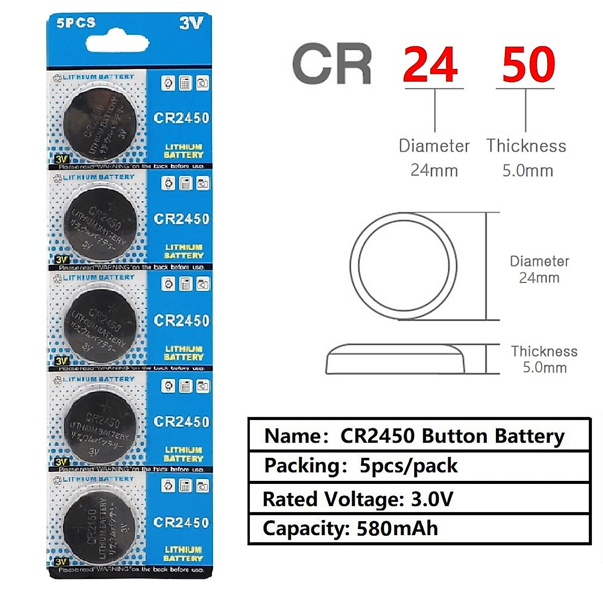 Cotchear 5pcs/Pack CR2450 Coin Battery 550mAh 3V CR 2450 Button Cell Batteries ECR2450 KCR2450 5029LC LM2450 3V Battery for Car Key Remote