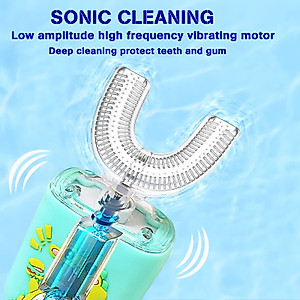 BLEBLE Kids Toothbrush Electric, Ultrasonic U Shaped Automatic Toothbrush with 4 Brush Heads 6 Cleaning Modes, IPX7 Waterproof Toothbrush Suitable for 2-12 Year-Old Children (Yellow)