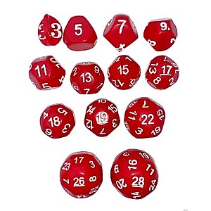 Impact! Miniatures Red - Weird RPG Poly Dice Set - D3, D5, D7, D9, D11, D13, D15, D17, D18, D19, D22, D26 & D28