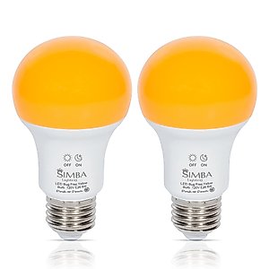 Simba Lighting Bug Non-Attracting Yellow LED Bulb 6W 40W Equivalent, Great for Outdoor Porch Light, Night Light, Dusk-to-Dawn Smart Sensor Auto On/Off, Amber Warm 2000K, A19 E26 Medium Base, Pack of 2