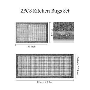 PADOOR Non Slip Kitchen Rugs Sets of 2 - Extra Large 2.5'x6' + 20"x32" Runner Rugs for Kitchen Floor Non Skid Washable, Absorbent Kitchen Mat for in Front of Sink 2 Piece Grey