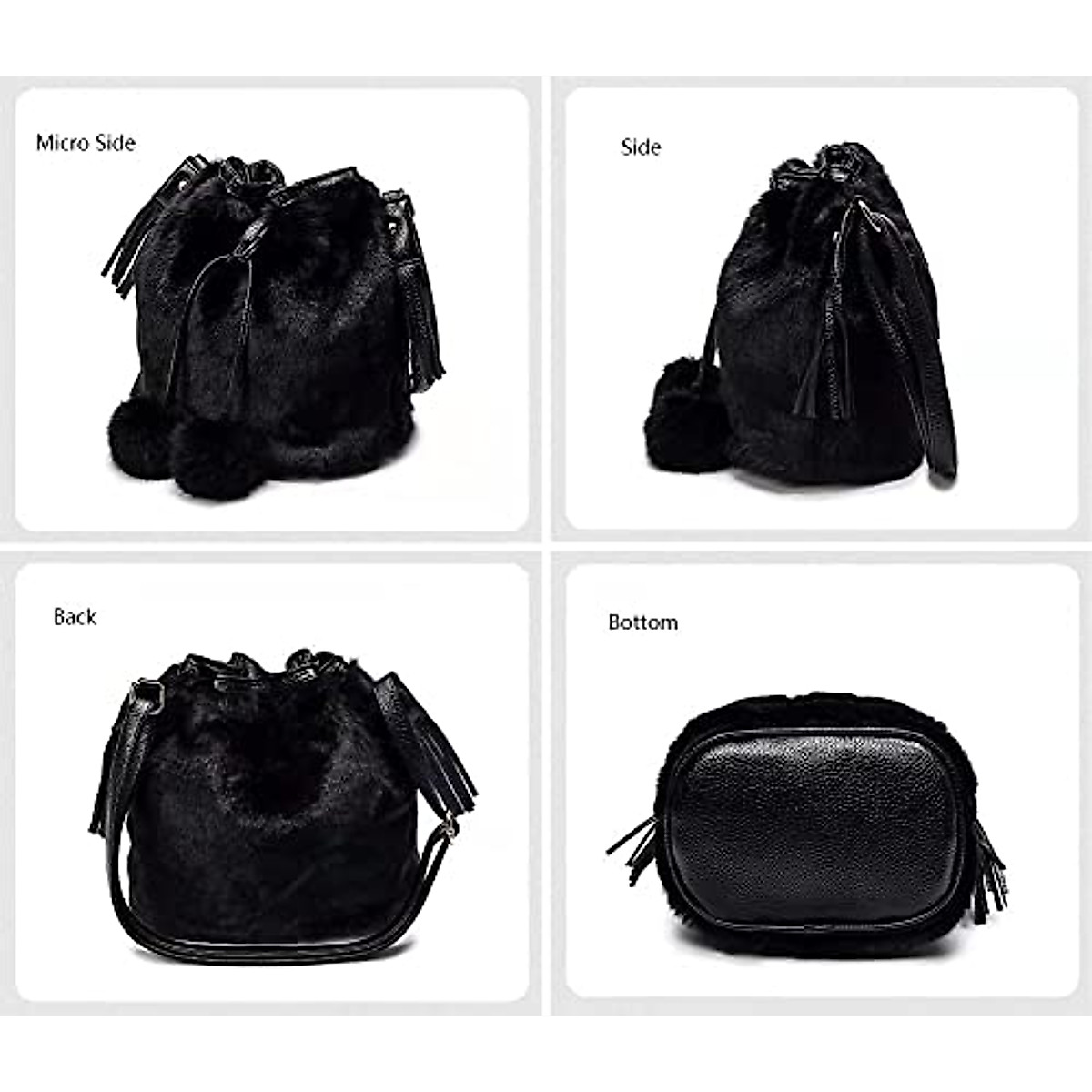 ENYIWH Women Leopard Print Faux Purse Fur Drawstring Bucket Bag Shoulder Crossbody Bag