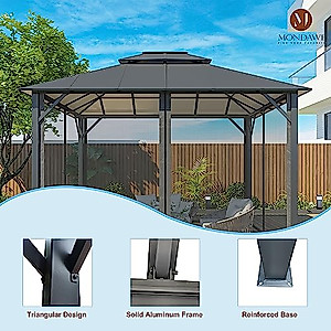 MONDAWE 10x12Ft Hardtop Gazebo Double Aluminum Composite Roof Patio Outdoor Canopy Grand Gazebo Permanent Pavilion Aluminum Frame with Netting Pergola for Patio Lawn Garden