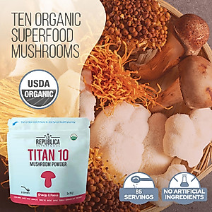 LRLA SUPERFOODS La Republica Titan 10 Organic Mushroom Powder for Focus, Immunity, Energy, Gut Health, and Skin (85 Servings, 3 oz)