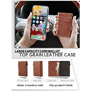 TOYFID Minimalist Wallet for Men,Slim Wallet for Men,Pop Up Wallet, Slim Card Holder RFID Blocking, Leather Wallets with Money Pocket,Minimalist Card Case Up to 11 Credit Cards (Brown)