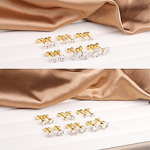 COZLANE Gold Stud Earrings For Men Women Multipack Stainless Steel Cubic Zirconia Earrings Studs Gold Hypoallergenic Earrings Sets For Women(12 Pairs,3-8 MM)