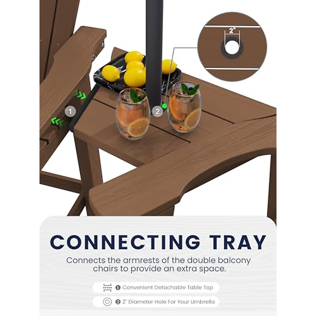 KINGYES Embossed Balcony Chair, Tall Adirondack Chair Set of 2 Outdoor Adirondack Barstools with Connecting Tray, High Airondack Chair with Wood Grain, Brown