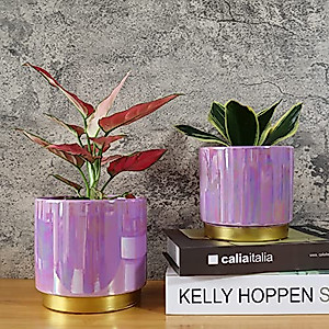 YQSLYSF Ceramic Planter for Plants with Drainage Hole, 6.0 inch+5.0 Inch Flower Pot, Rainbow Purple Glazed, Indoor-Outdoor Large Round Succulent Orchid Pots Set