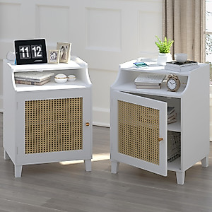 Nightstand Set of 2 White Night Stand with Charging Station Farmhouse Bedside Table with Rattan Door&Adjustable Storage Shelf Rustic Wood Couch Side Table End Table for Bedroom