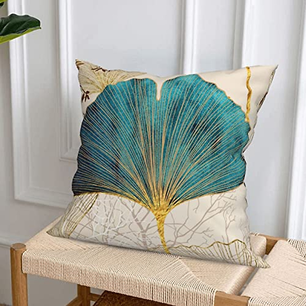 LOHDALOLF Teal and Gold Pillow Covers Set of 4 Turquoise Leaf Floral Pillow Cases Modern Simple Style Decorative Cushion Covers for Sofa Couch 18x18 Inch