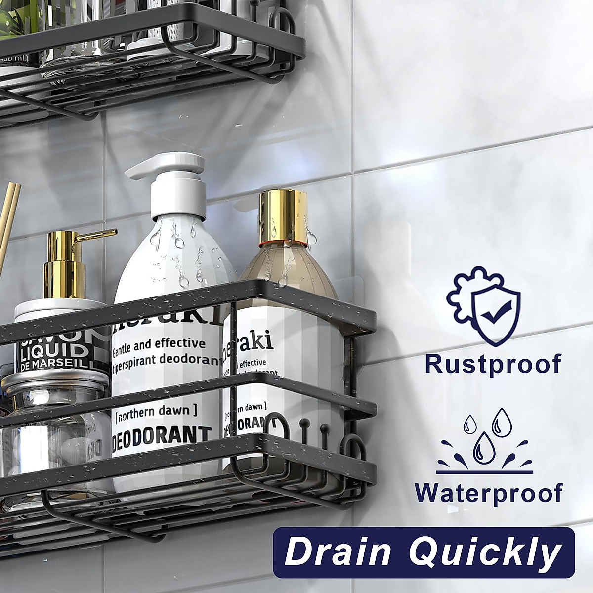 ENKERN Shower Caddy, 3Pcs Bathroom Shelves Shower Shelf Rack Organizer No Drilling Adhesive Hanging Shower Storage Rack with Soap Razor Holder for Home Hotel, Black