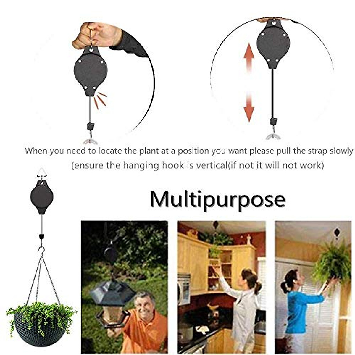 EWONICE 4Pack Retractable Plant Pulley Hanging Basket Hooks, Adjustable Rope Clip Hanger for Garden Hanging Basket Pots