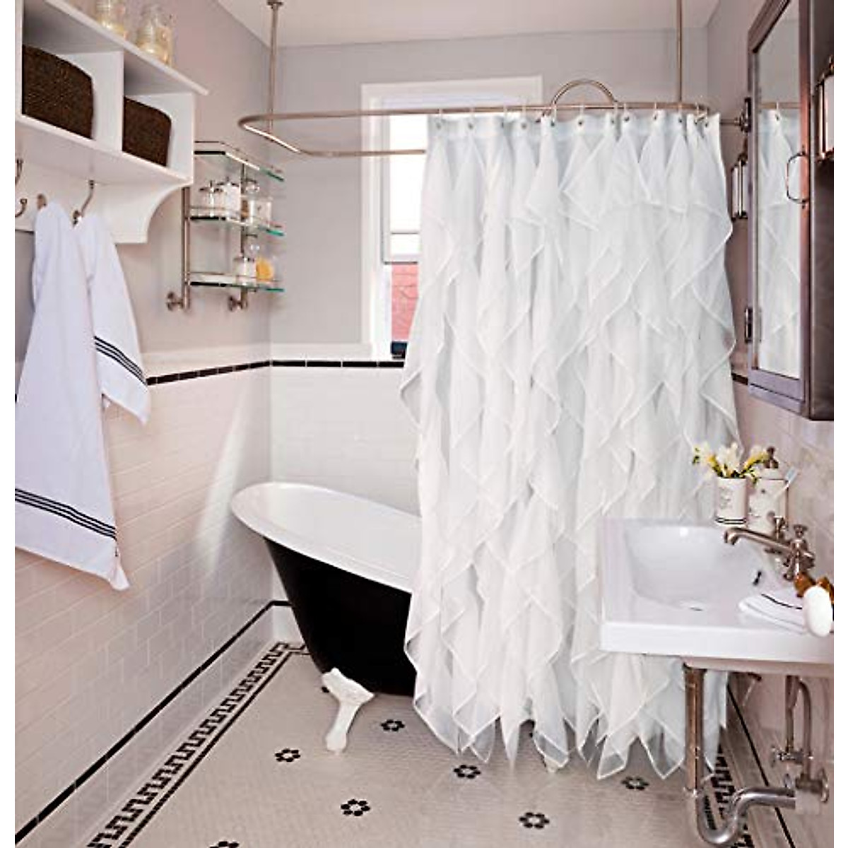 REISEN White Ruffle Shower Curtain Fabric/Cloth Farmhouse Bathroom Sheer Shower Curtain, 70in Long