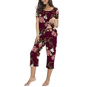 POPYOUNG Womens Summer Casual 2 Piece Pajama Sets with Comfy Capri Pants and Pockets Lounge Sleepwear L, Floral Wine