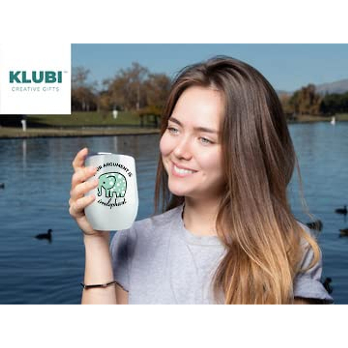 KLUBI Elephant Gifts Your Argument is Irrelephant - White Glitter Tumbler/Mug for Wine, Coffee and All Drinks - Funny Gifts for Her, Him, Lovers, Women, Stuff, Decor