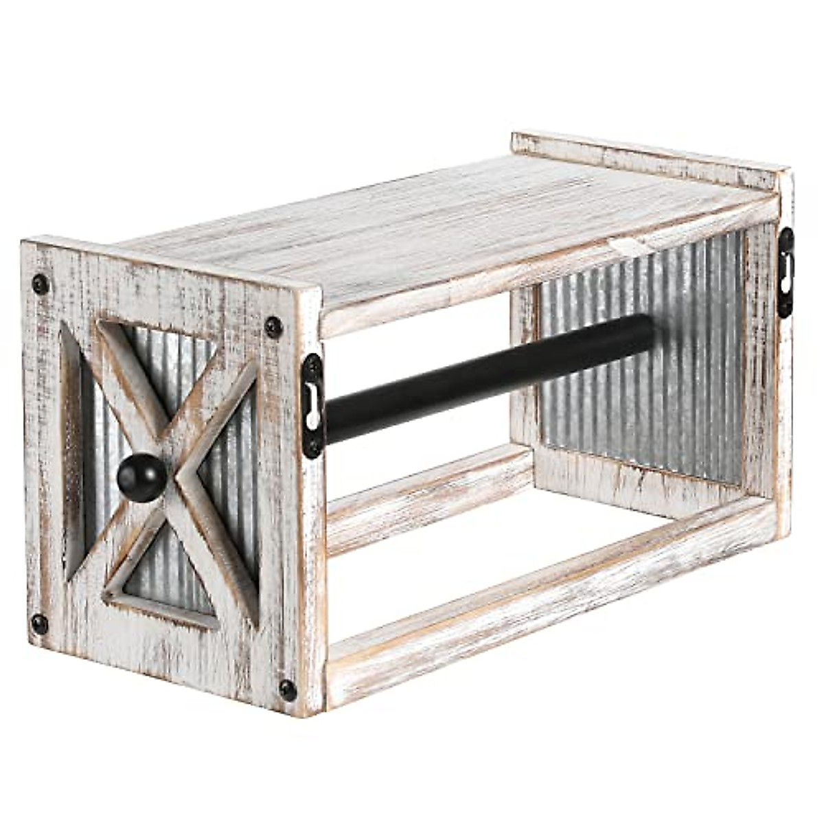 FARM IN Paper Towel Holder, Rustic Wall Mount & Countertop Kitchen Organizer with Top Storage Shelf and Barn Door “X-Cross” Design, Industrial Farmhouse Paper Towel Dispenser, Bathroom Towel Rack