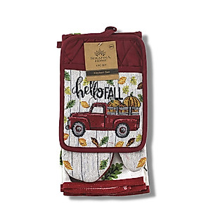 Serafina Home Hello Fall Farm Truck Kitchen Towels and Pot Holder Set: Autumn Harvest Pumpkins and Colorful Leaves, Pot Holder Oven Mitt has Embellished Jacquard Weave