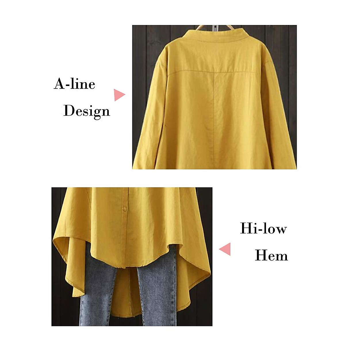Minibee Women's Cotton Linen Shirt High Low Button Down Embroidered Blouse Long Sleeve Tunic Tops With Pocket Yellow 2XL