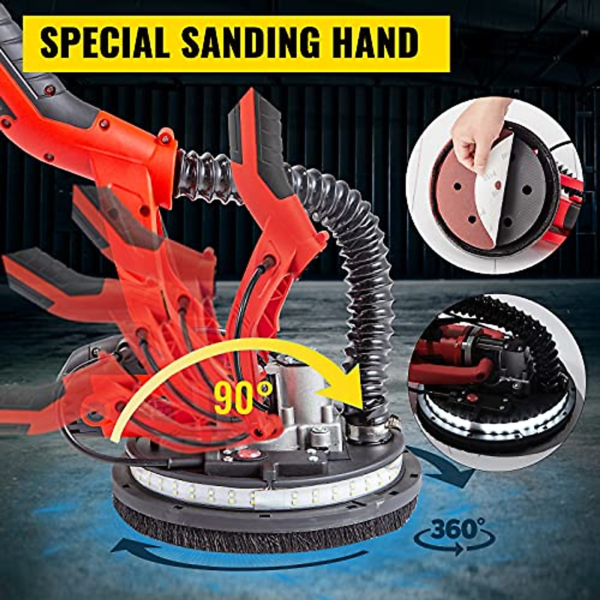 VEVOR Electric Drywall Sander 850W with LED Strip Light, Foldable Sheetrock Sander with Extendable Handle Variable Speed 800-1750RPM,Drywall Sander with 6 Sand Pads