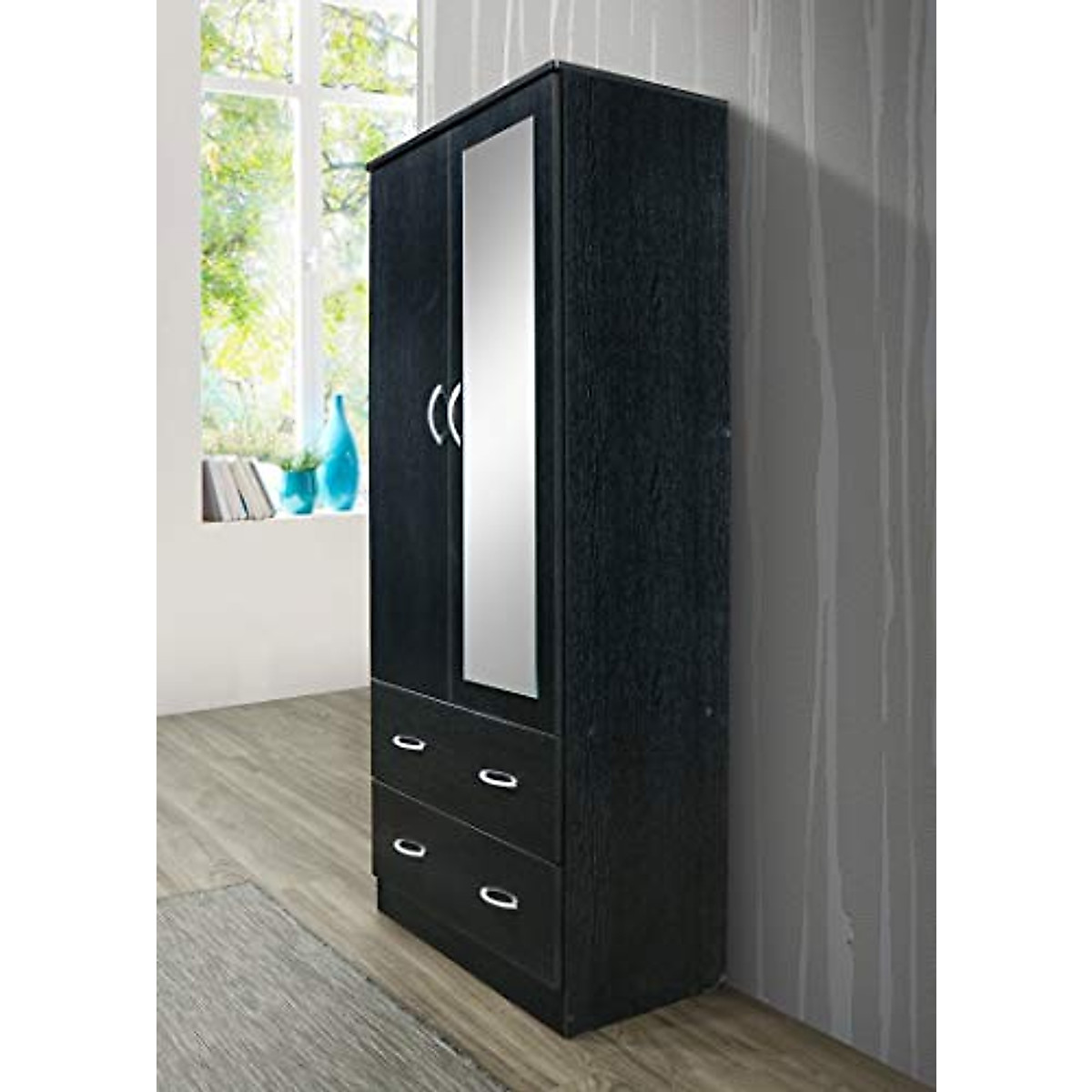 Hodedah Two Door Wardrobe with Two Drawers and Hanging Rod plus Mirror, Black