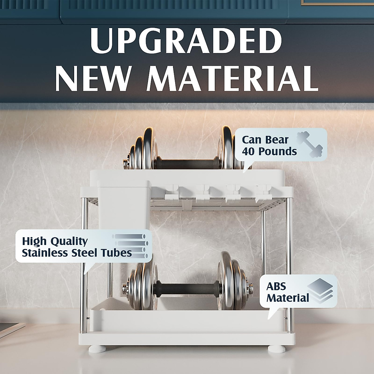 VERIFOST 2 Pack Under Sink Organizers and Storage, Double Sliding Kitchen Cabinet Organizer, 2 Tier Height Adjustable Countertop Organizer for Kitchen Bathroom Laundry, White