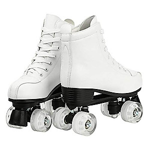 Comeon Women Roller Skates PU Leather High-top Roller Skates Four-Wheel Roller Skates Double Row Shiny Roller Skating for Indoor Outdoor (White Flash,9 M US)