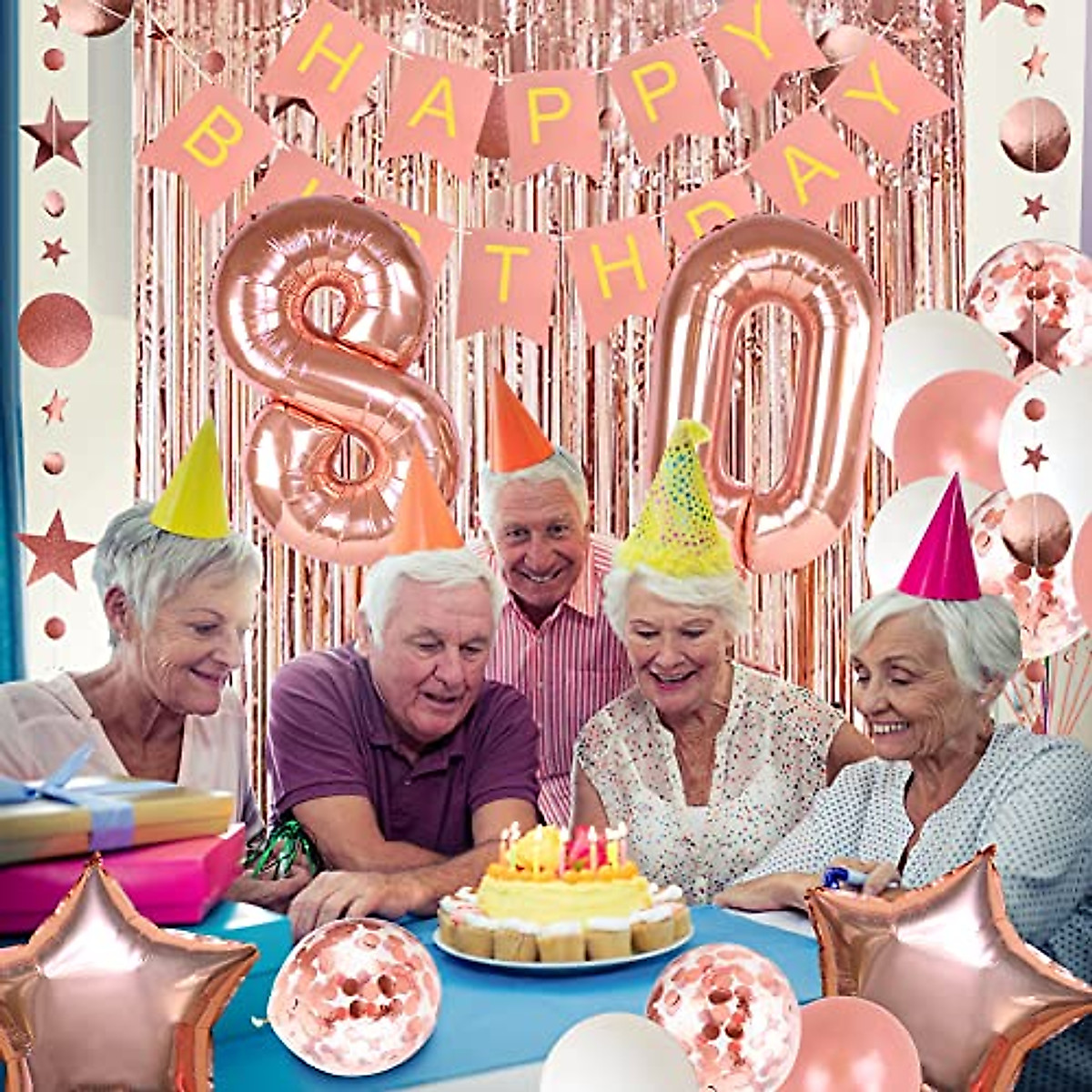 80th Birthday Decorations for Women, Happy Birthday Banner, Number 80 Foil Balloon Happy Birthday Cake Topper Rose Gold Curtain Happy 80th Birthday Sash Anniversary Decorations Birthday Backdrop
