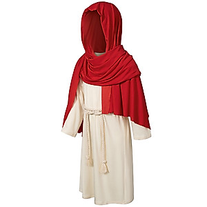 Kids Jesus Saint Religious Biblical Robe Fancy Dress Costume Wig Moustache Scarf Shawl Waist Rope set(Red 3-4 Years)