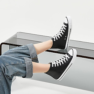 FINIWOR Women's High Top Sneakers PU Leather Fashion Sneakers Women Lace-Up Black and White High Top Sneakers Casual Shoes(Classic Black;US08)