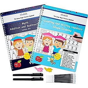 Premium Edition 11x8.5 Inch EliteKids Large Magic Practice Copybook for Kids- Kindergarten Numbers and Math 2-Book Set, Preschool K-1 Groove Number Math Workbooks with Magical Pens