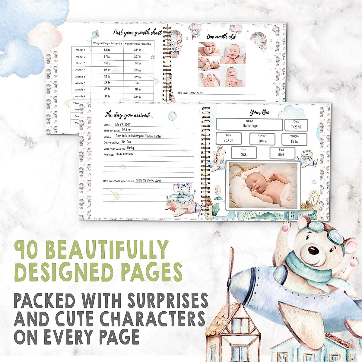 Newborn Baby Keepsake Set Bundle - Baby First 5 Years Memory Book & Baby Handprint Footprint Keepsake Photo Frame - Baby Nursery Art Kit and Journal for Baby Boys & Girls