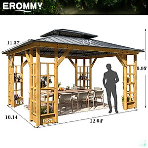 EROMMY 11' x 13' Wood Gazebo, Outdoor Hardtop Gazebo Pavilion with Spruce Solid Wooden Frame, Double Roof Metal Canopy for Patio Backyard Deck Garden