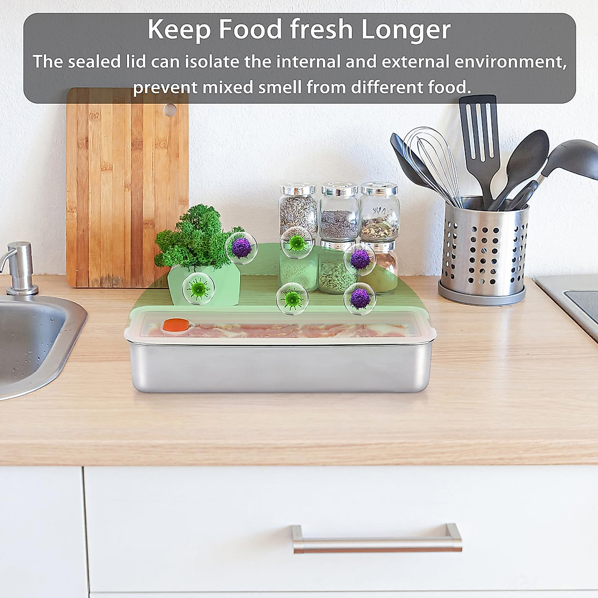 BSTKEY Bacon Container for Refrigerator, 304 Stainless Steel Airtight Deli Meat Saver Bacon Keeper for Fridge, Bacon Fresh Storage Container with Clear Lid, Dishwasher Safe, Fridge Organizer