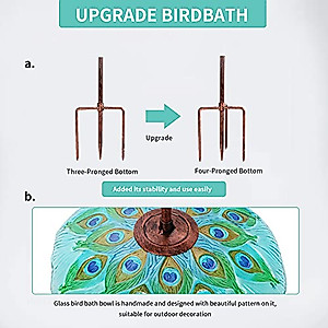 MUMTOP Glass Bird Bath, Garden Outdoor Birdbaths Birdfeeder with Metal Stake Peacock