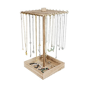 UCUDI Wooden Rotating Necklace Holder Jewelry Organizer Display Stand for Selling, Jewelry Display Tower for Necklace & Bracelet for Shows wit with 28 Hooks