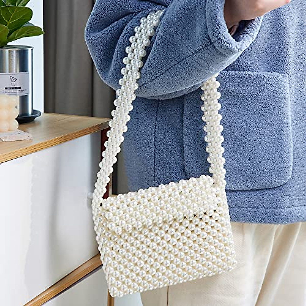 Grandxii Women Shoulder Bag Pearl Purse Tote bag Handmade Weave Beaded Bag Evening Party Bag