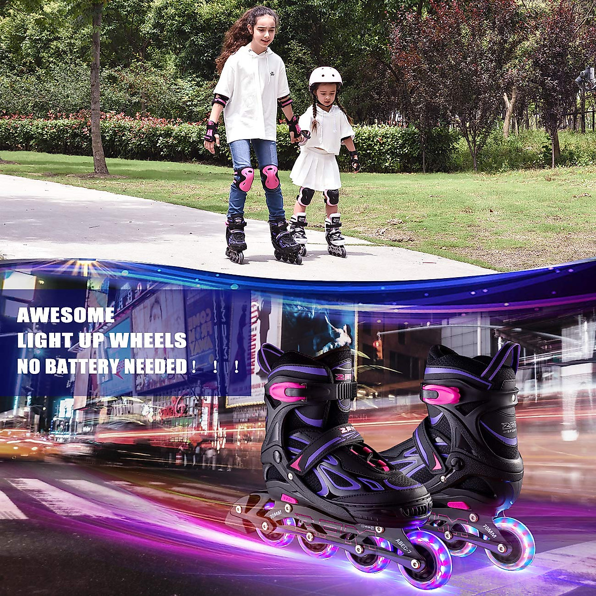2pm Sports Vinal Girls Adjustable Inline Skates with Light up Wheels Beginner Skates Fun Illuminating Roller Skates for Kids Boys and Ladies - Violet Medium(1Y-4Y US)