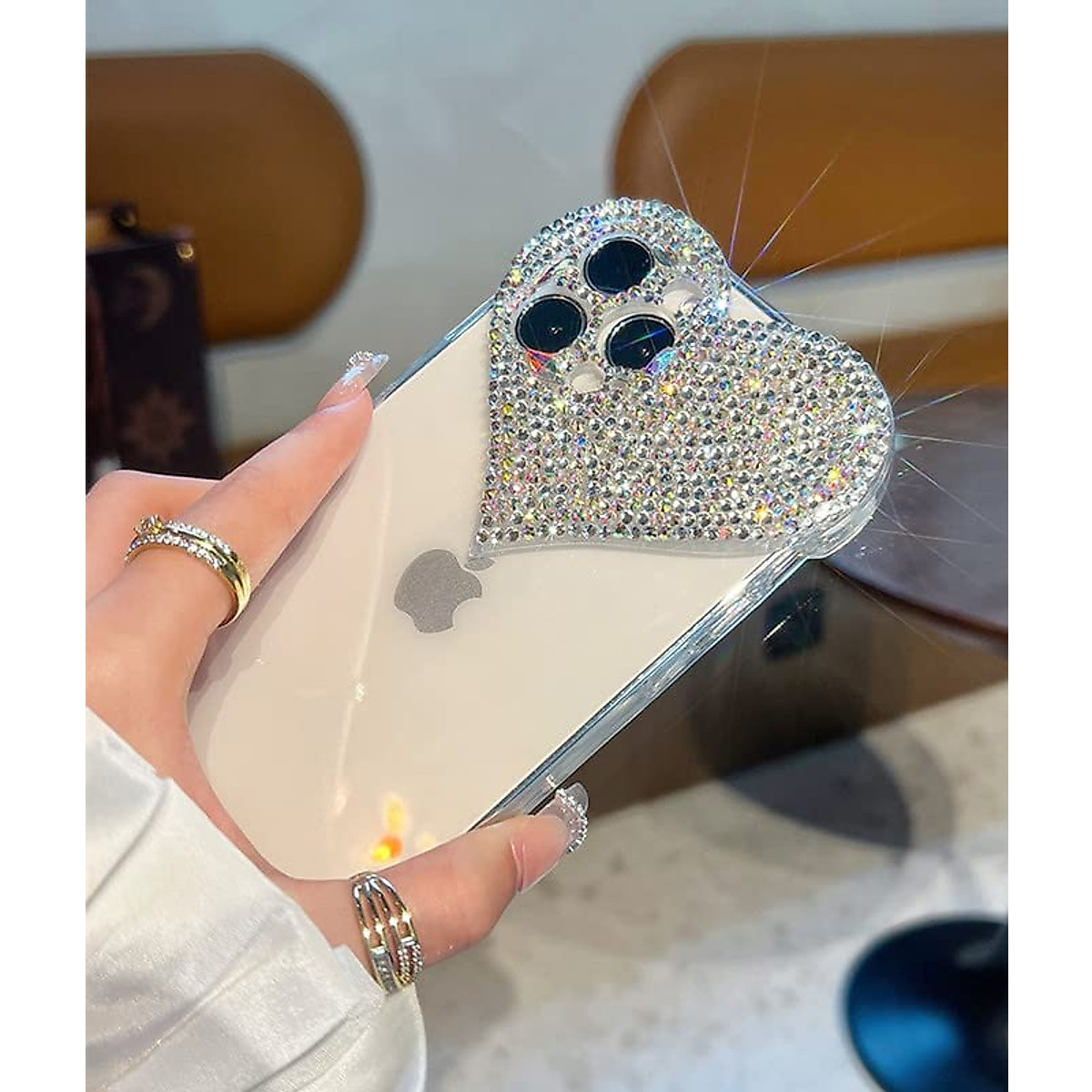 Clear Glitter Case Compatible with iPhone 14 Pro Max, 3D Heart Design Phone Cover with Girly Bling Diamond Rhinestone Sparkle Loving Hearts Slim Fit Soft Shockproof Protective Case for Women Girls