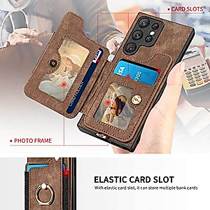 S22 Ultra Case,Card Holder Wallet for Galaxy S22 Ultra Case,Ring Holder Stand,RFID-Blocking,Wrist Strap,Camera Protector,Leather Protective Magnetic Flip Cover for Samsung S22 Ultra Case (Brown)