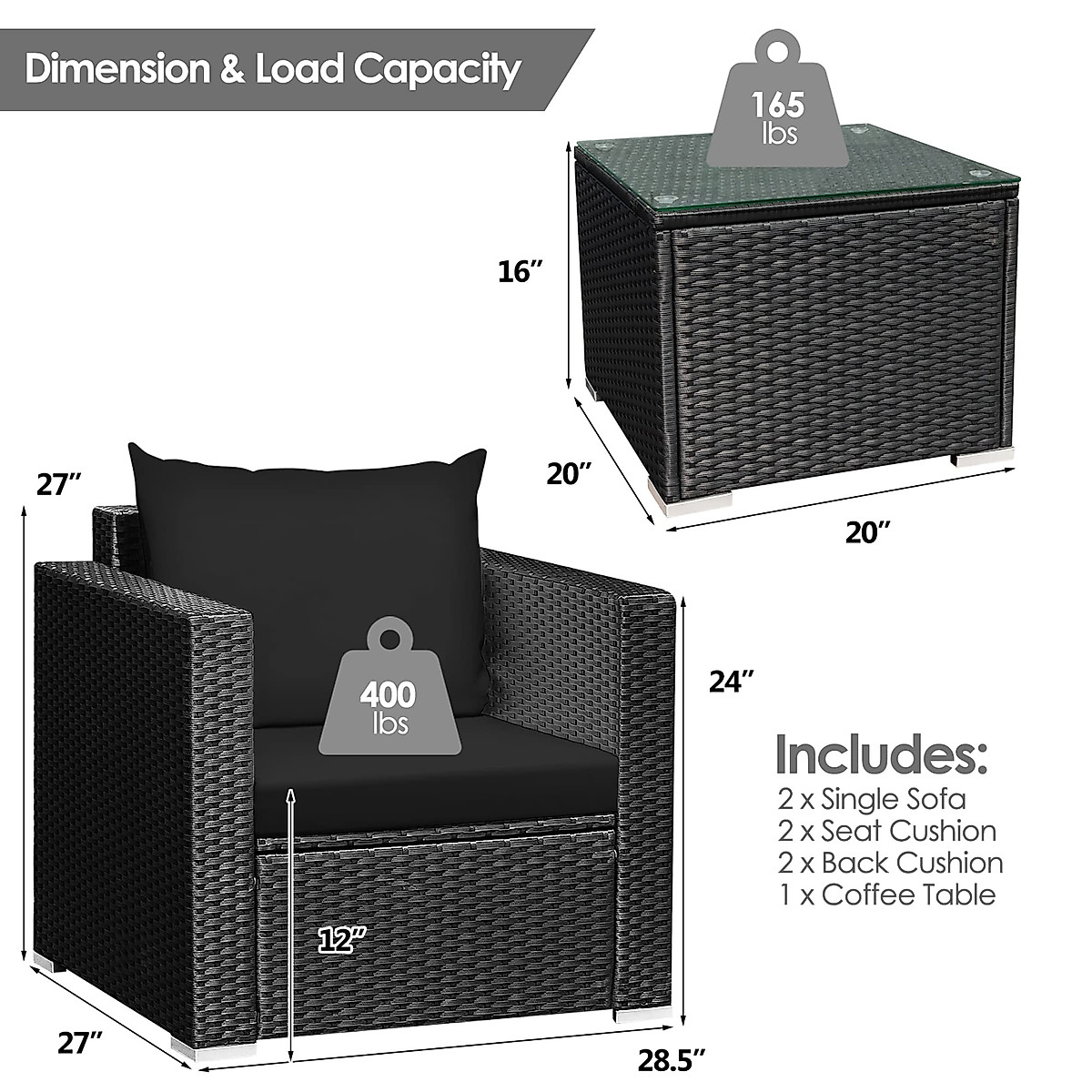 DORTALA 3 Pieces Patio Furniture Set, Outdoor Rattan Sofa Set with Cushions, Tempered Glass Tabletop, Wicker Conversation Furniture Set for Backyard, Garden, Poolside, Balcony, Black