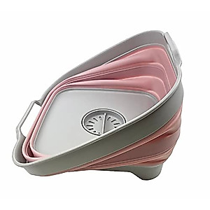 SAMMART 10L (2.64 Gallon) Collapsible Dishpan with Draining Plug - Foldable Washing Basin - Portable Dish Washing Tub - Space Saving Kitchen Storage Tray (Grey/Pale Pink)